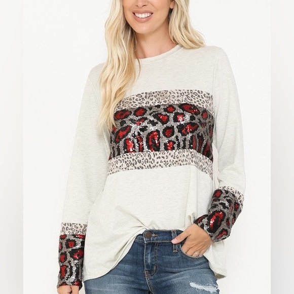 Tops | Plus Size Solid Top With Red Leopard Sequins Sizes 1xl3xl New ...